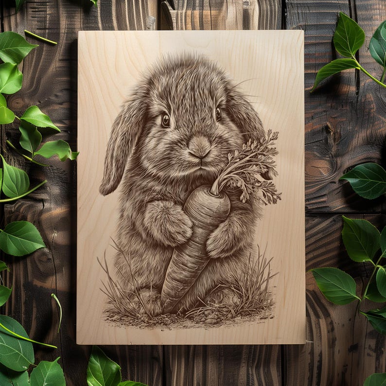Cute Bunny Engraving PNG | Adorable Rabbit With Carrot Design | Rustic ...
