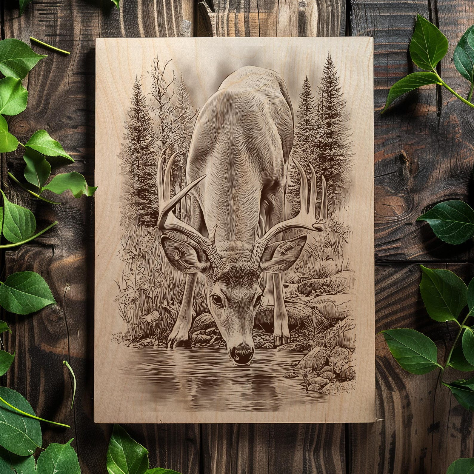 Deer Engraving PNG | White-tailed Stag Drinking at Forest Stream ...