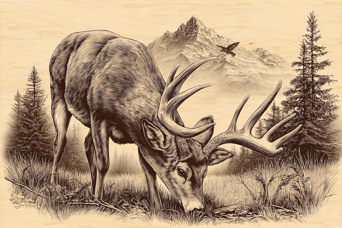 Deer Engraving PNG | Mountain Wildlife Wood Art | Rustic Forest Laser ...