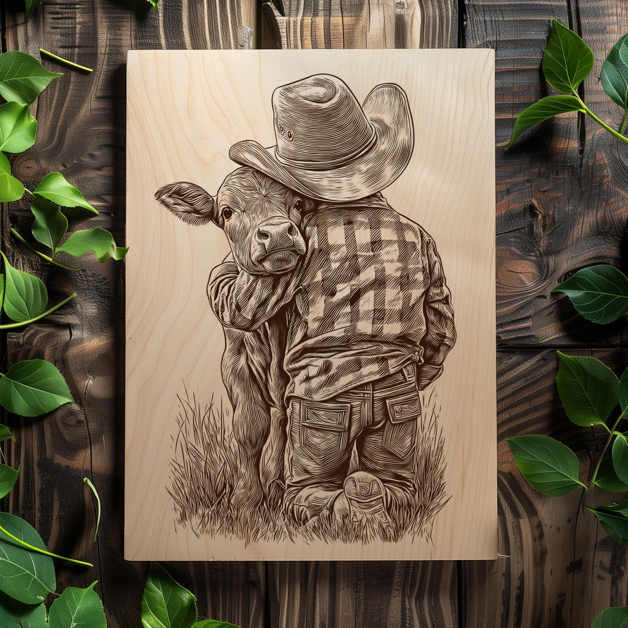 Cowboy and Calf Engraving PNG | Heartwarming Western Rustic Design ...