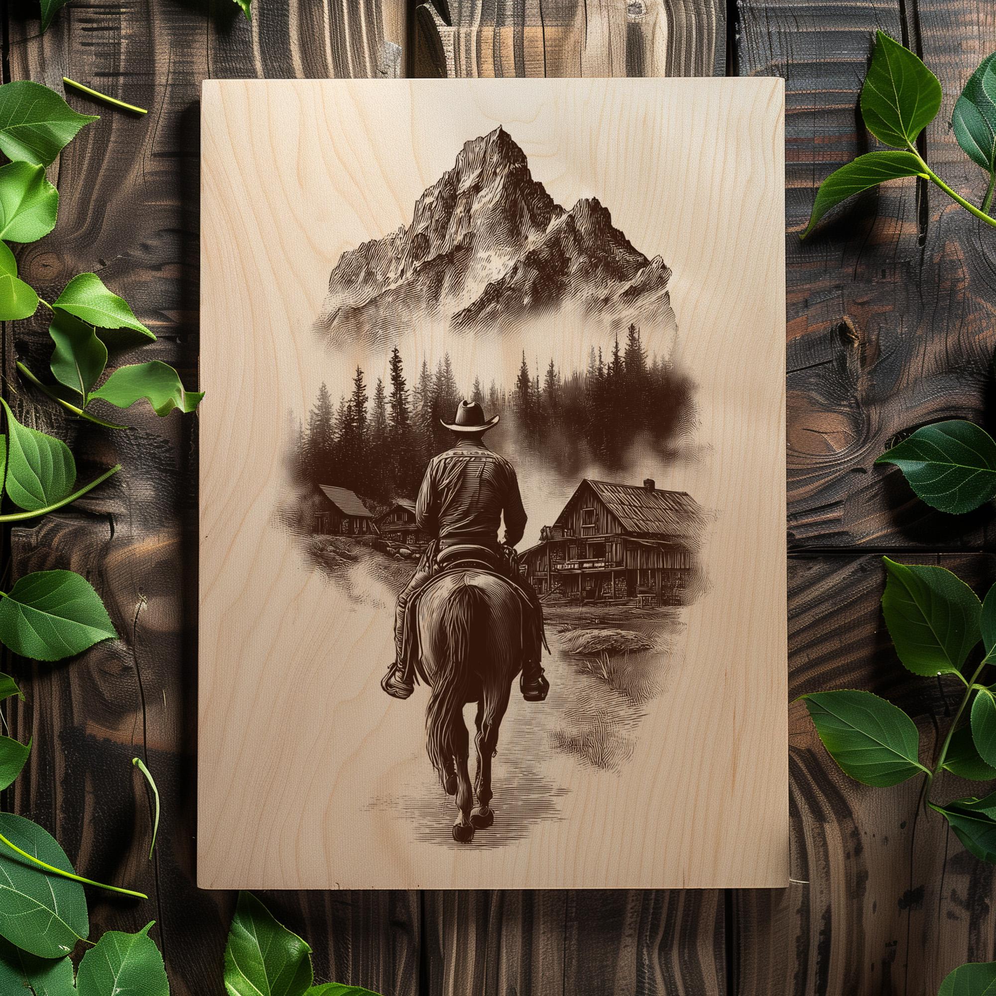 Cowboy Riding Into Rustic Cabin | Vintage Western PNG for Engraving ...
