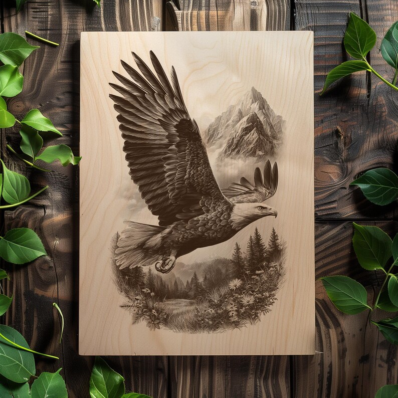 Bald Eagle Engraving PNG | Flying Eagle Over Mountains | Rustic ...