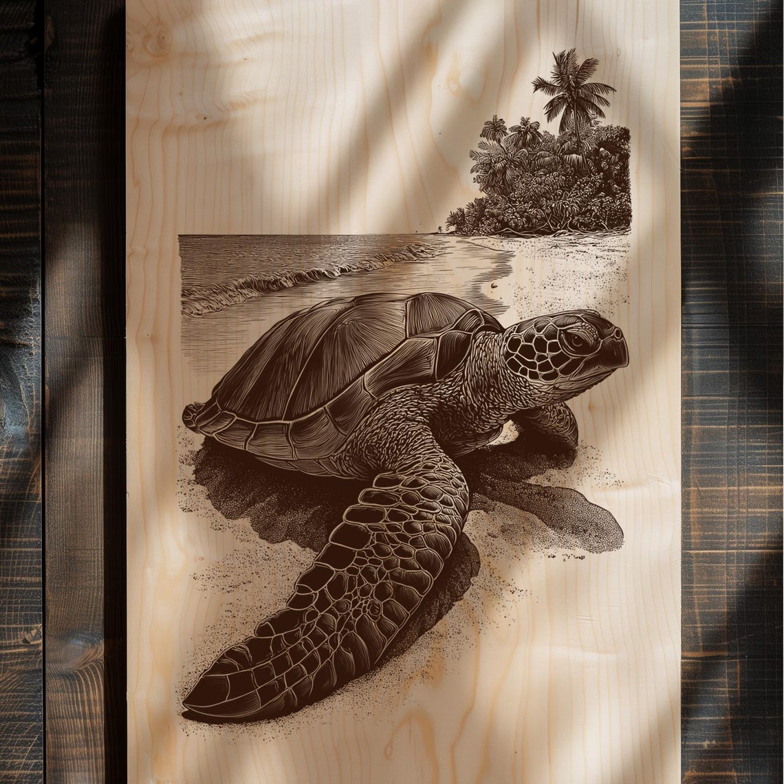 Sea Turtle Wood Engraving PNG | Vintage Turtle Beach Art | Laser & Wood ...