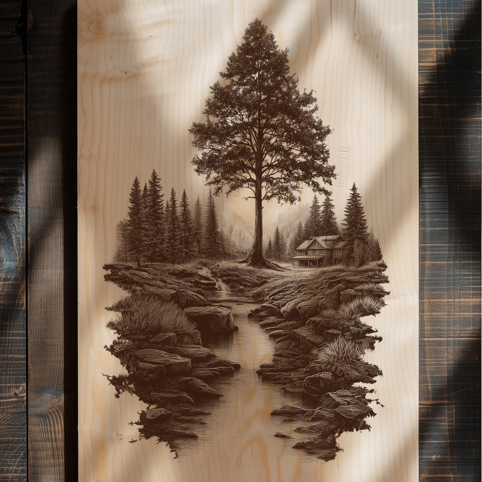 River Stream Cabin Wood Engraving PNG | Big Tree Forest Landscape ...