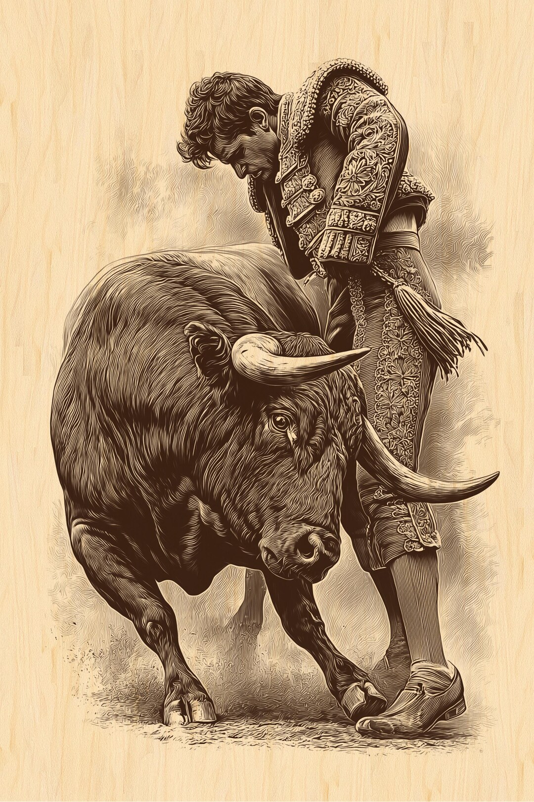 Matador With Bull PNG | Spanish Rustic Wood Engraving Design ...