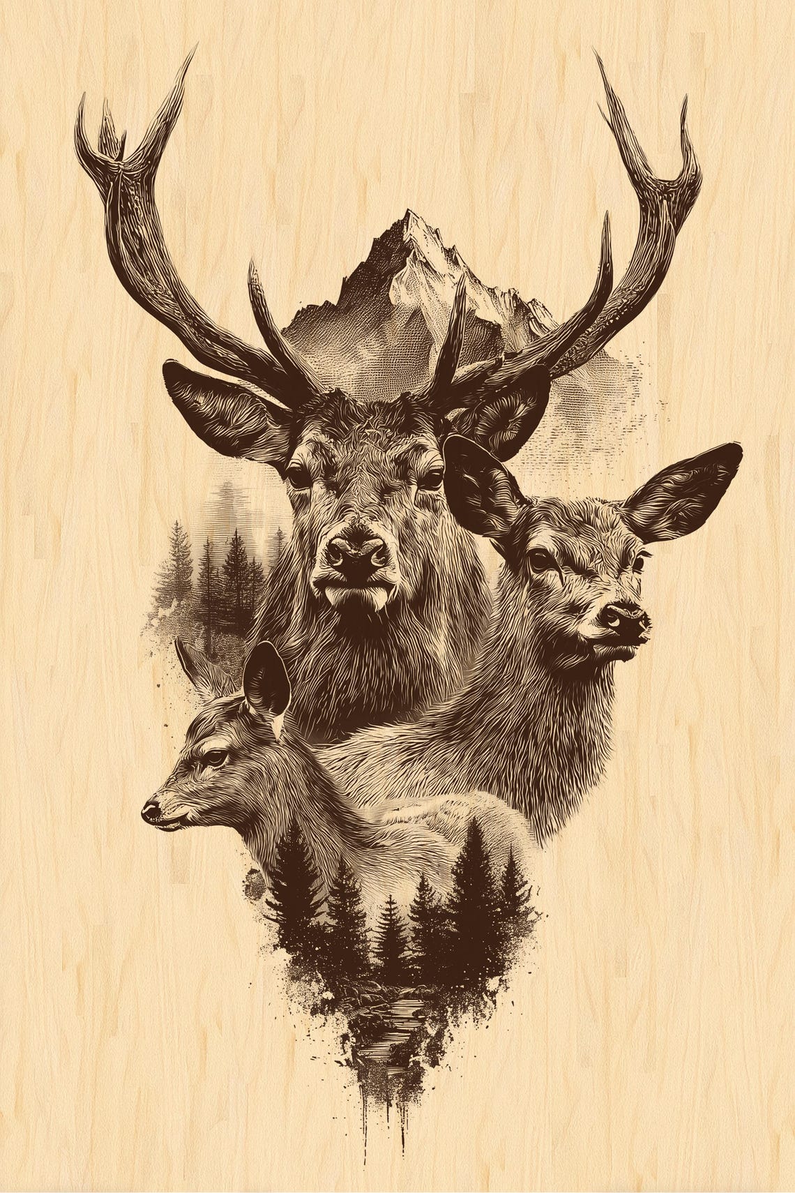 Elk Deer Mountain Engraving PNG | Woodland Wildlife Trio | Stag Buck ...