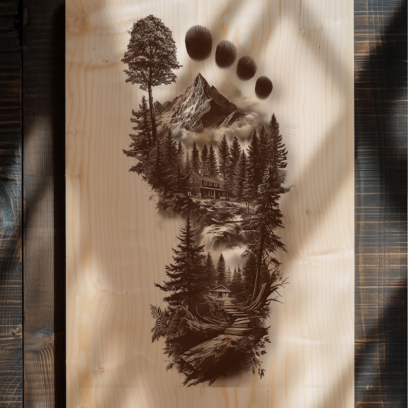 Nature Footprint Engraving PNG | Mountain Cabin Wood Art | Forest ...