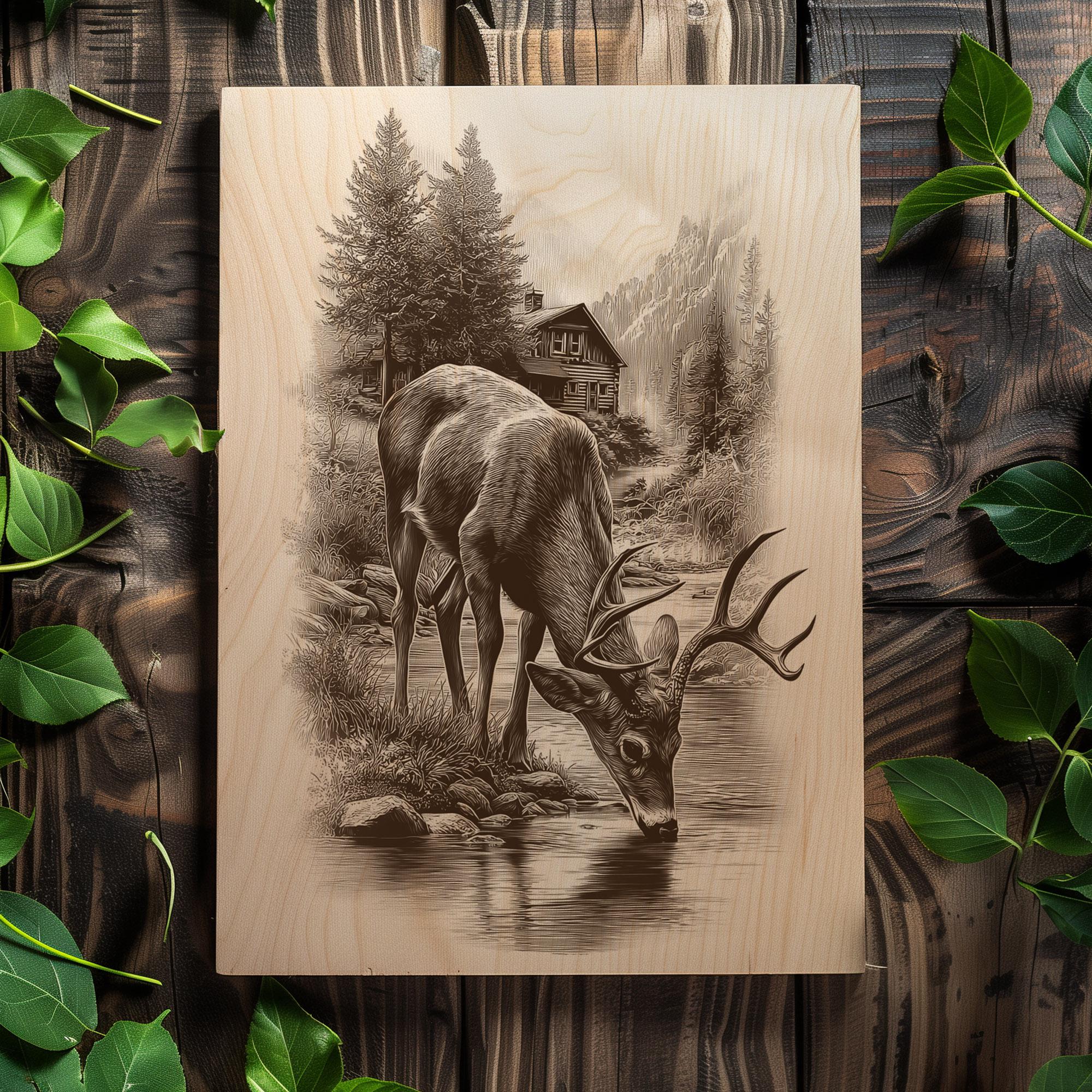 Deer Drinking River PNG – Rustic Cabin Scene Laser Engraving File for ...
