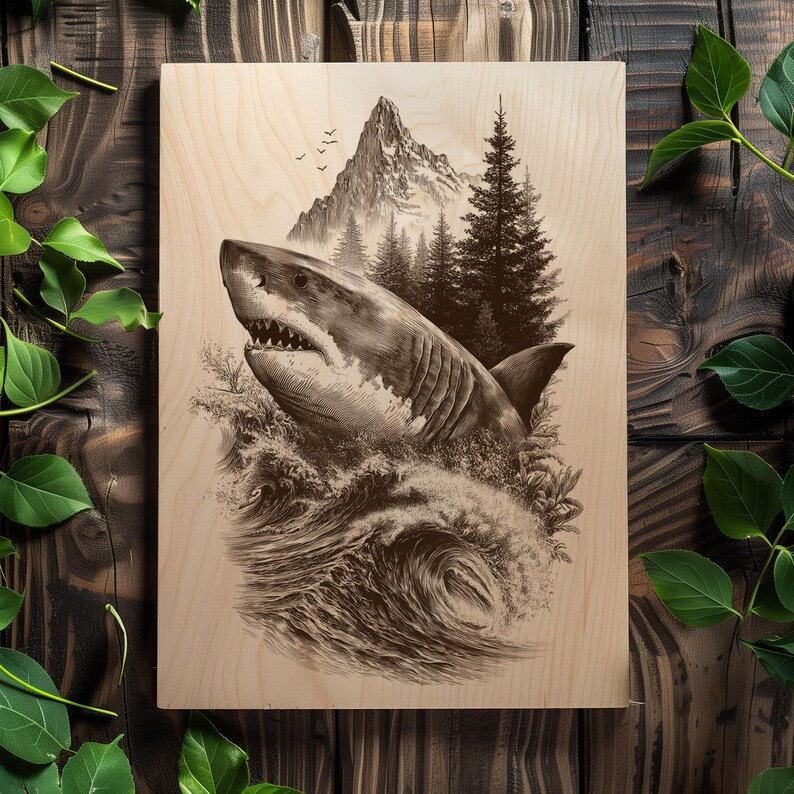 Mountain Shark Engraving PNG | Surreal Wave Predator Scene for Laser ...