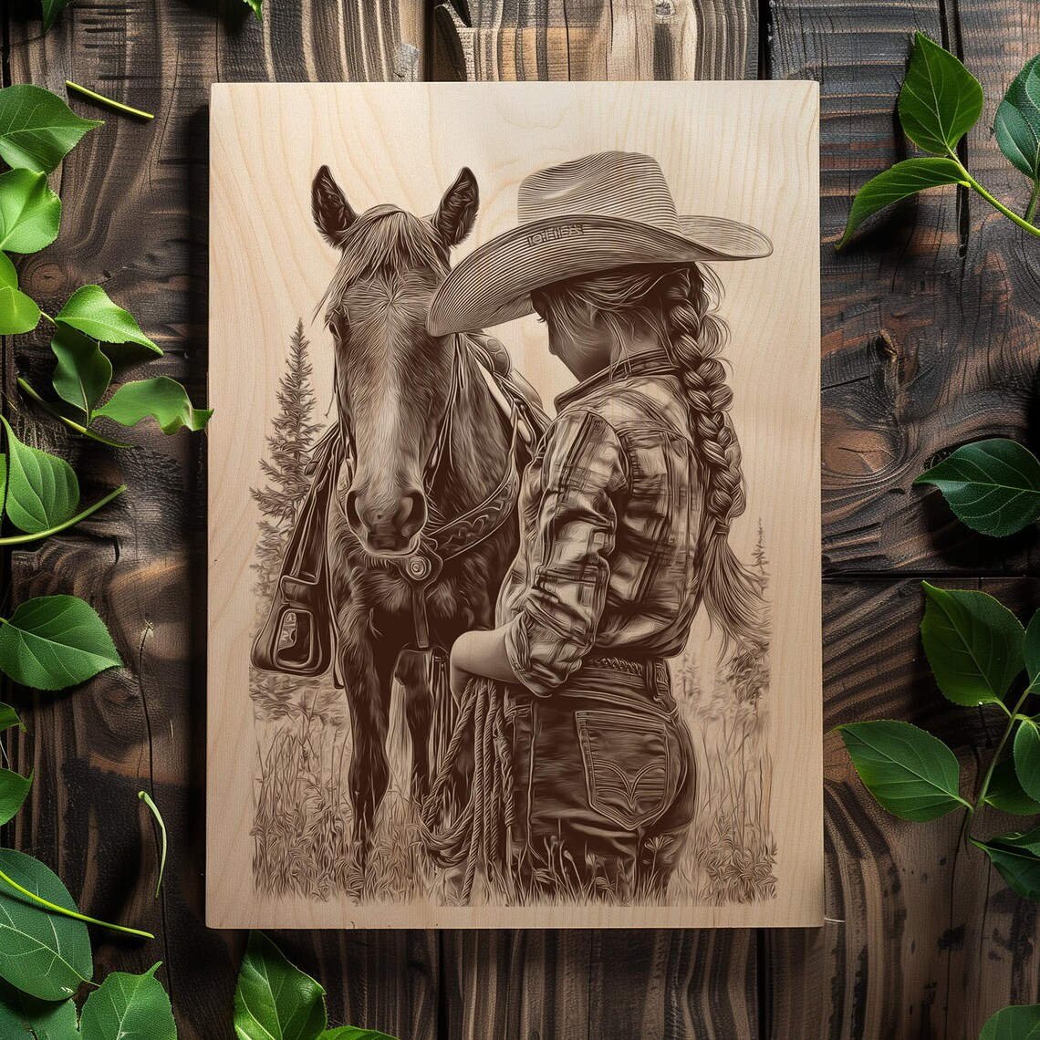 Little Cowgirl With Horse Wood Engraving | Western Ranch Girl Art ...
