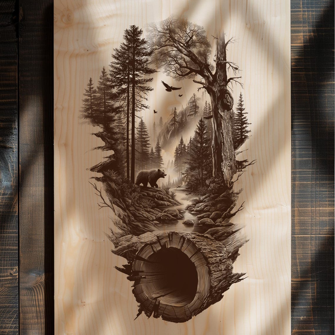 Bear Forest Engraving PNG | Mountain Wilderness Rustic Landscape ...