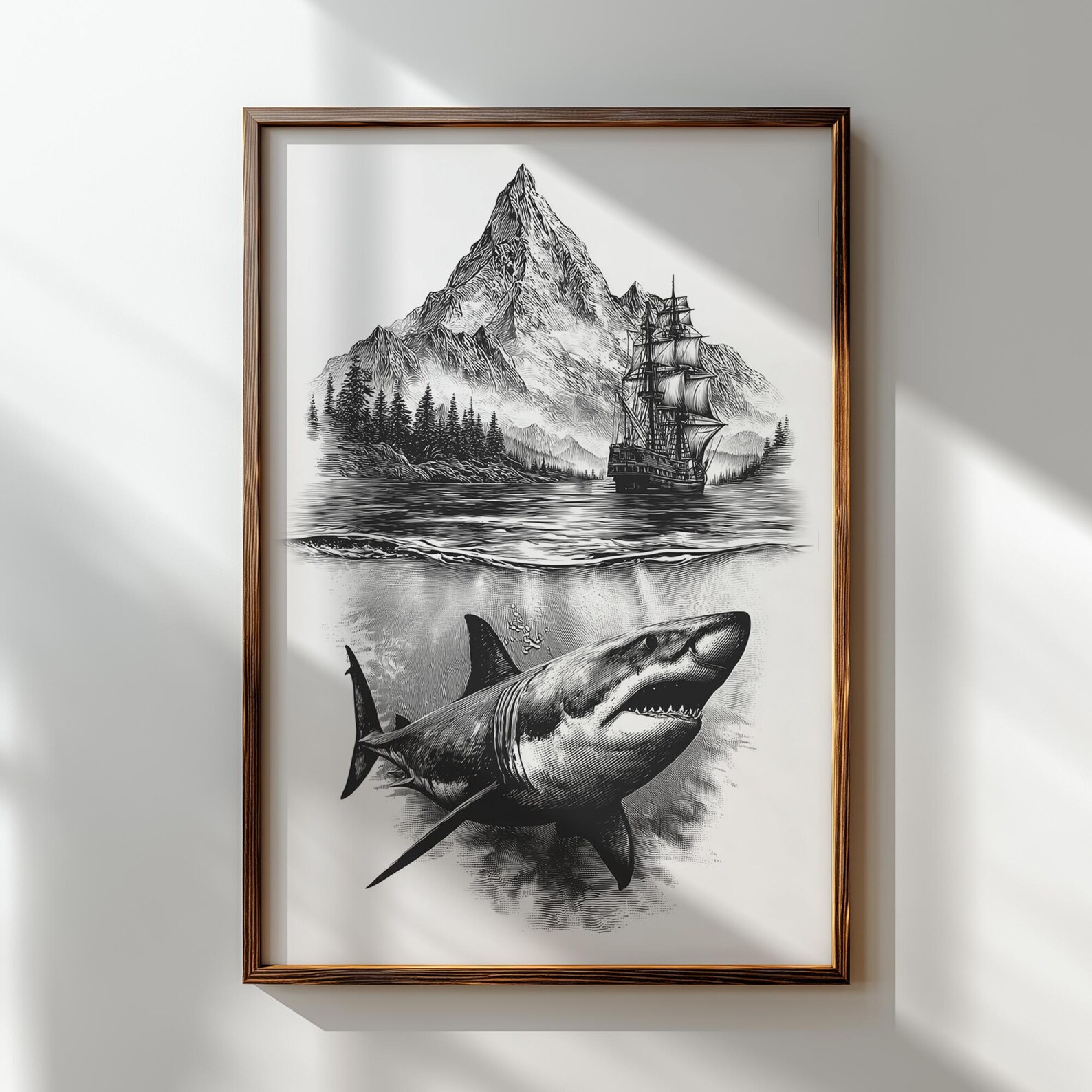 Shark & Sailing Ship Engraving PNG | Mountain Ocean Scene for Laser and ...