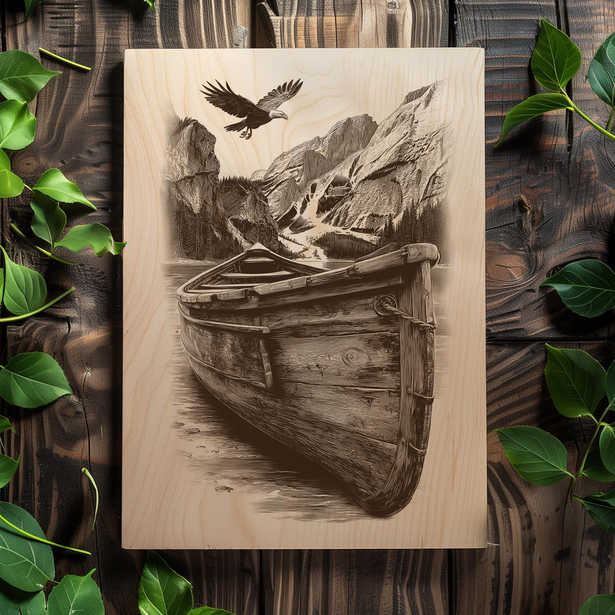 Wooden Boat & Bald Eagle Engraving PNG | Rustic Mountain Adventure ...