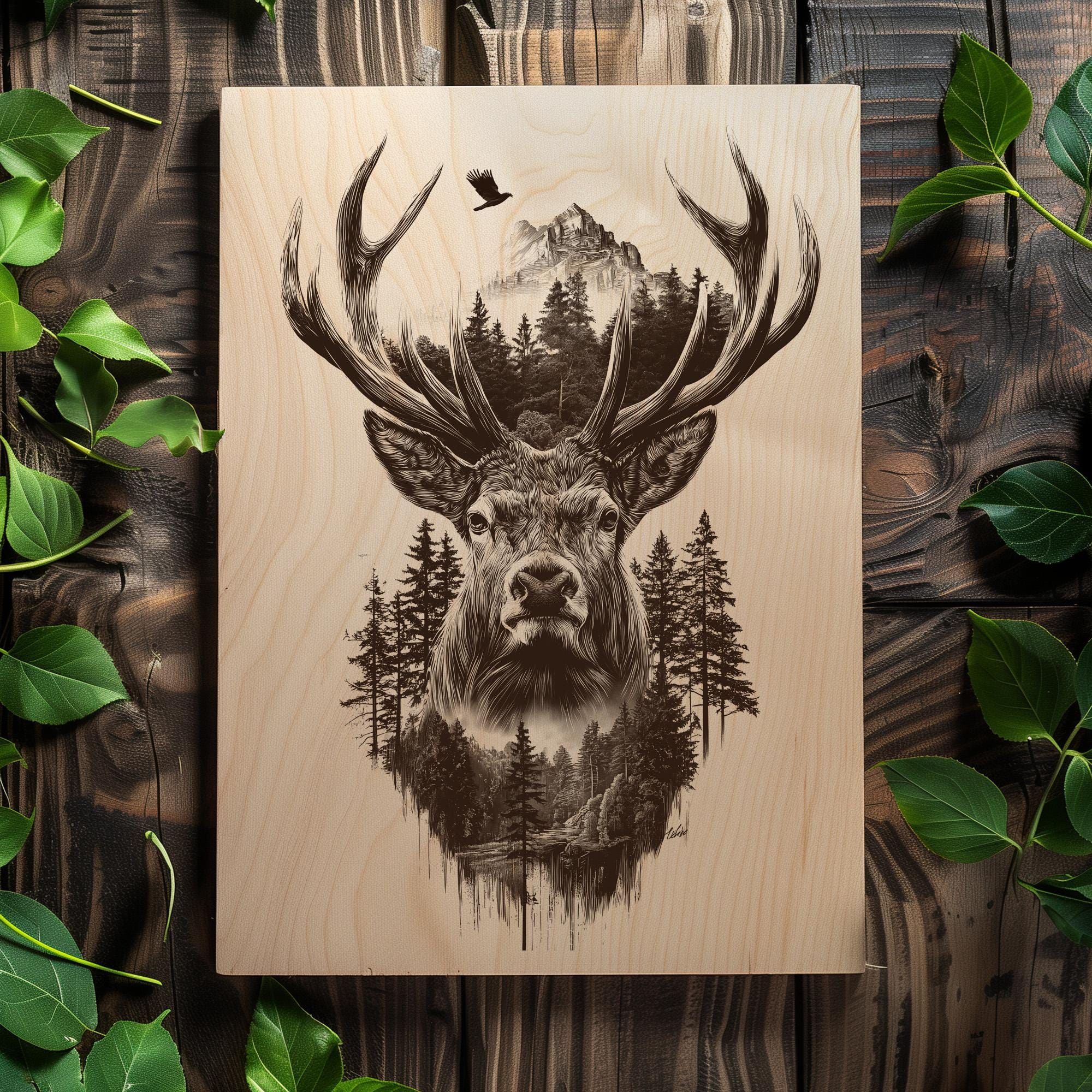 Stag Deer Forest Engraving PNG | Rustic Laser File for Glowforge & Wood ...
