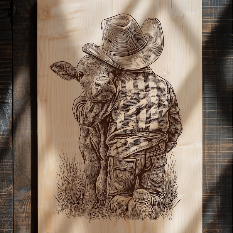 Cowboy and Calf Engraving PNG | Heartwarming Western Rustic Design ...