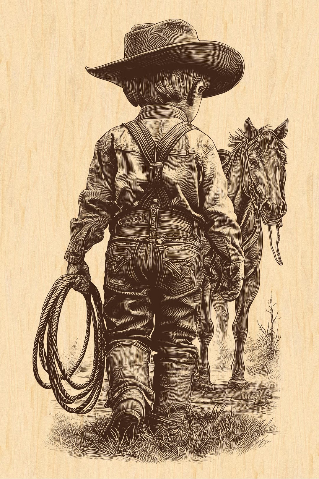 Little Cowboy With Horse PNG | Rustic Western Engraving Digital File ...