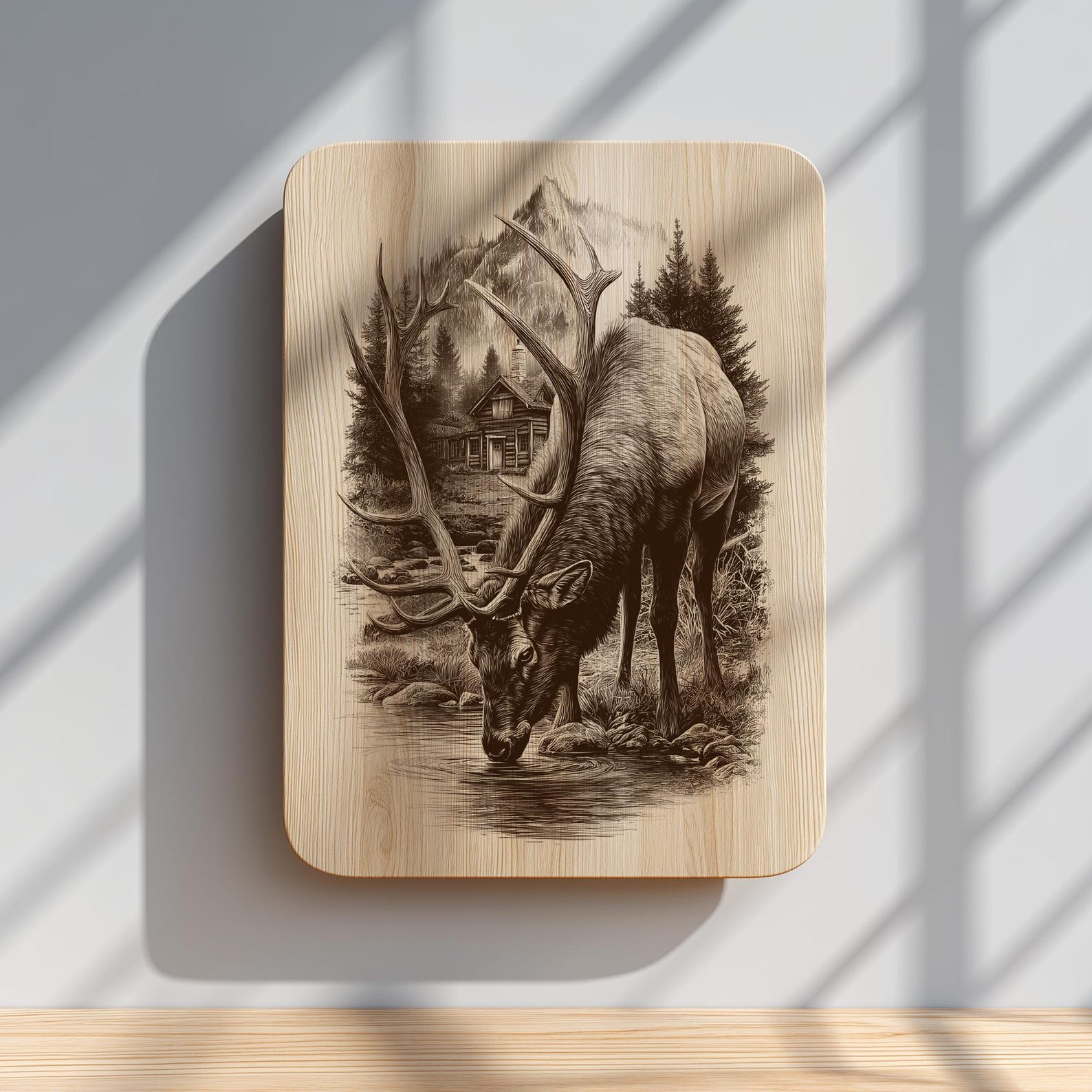 Elk Drinking by Cabin PNG | Majestic Wilderness Engraving File | Rustic ...