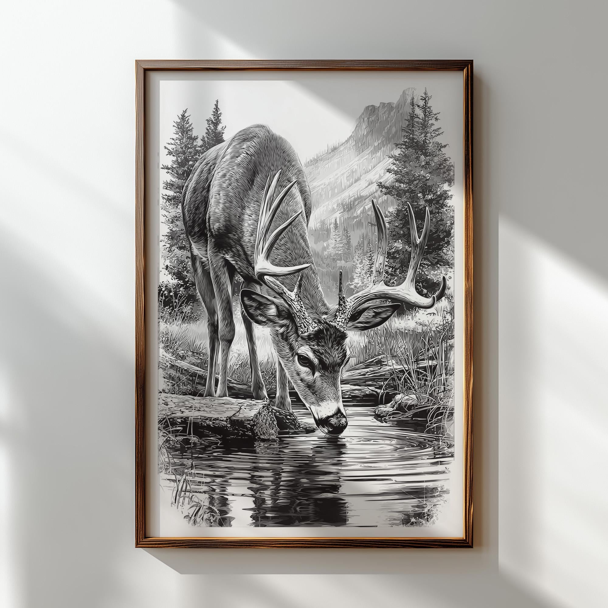 Deer Drinking Engraving PNG | Rustic Wildlife Digital File | Buck Laser ...