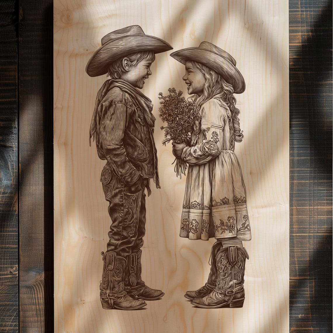 Cowboy Kids Wood Engraving PNG | Western Boy & Girl Art | Rustic ...