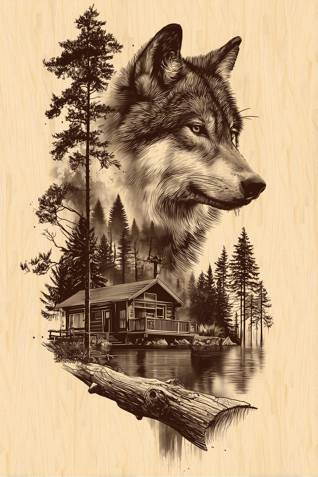 Wolf and Cabin Engraving PNG | the Guardian of Solitude | Rustic ...