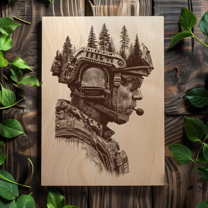 Tactical Soldier Wood Engraving PNG | Military Portrait Art | Rustic ...