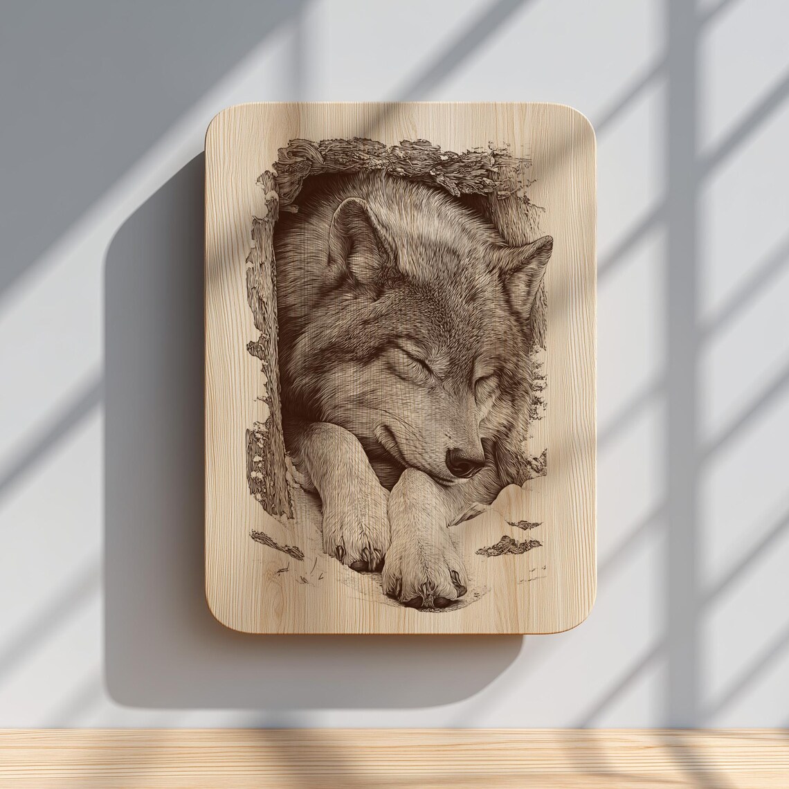Sleeping Wolf Wood Engraving PNG | Rustic Wildlife Line Art in Log ...