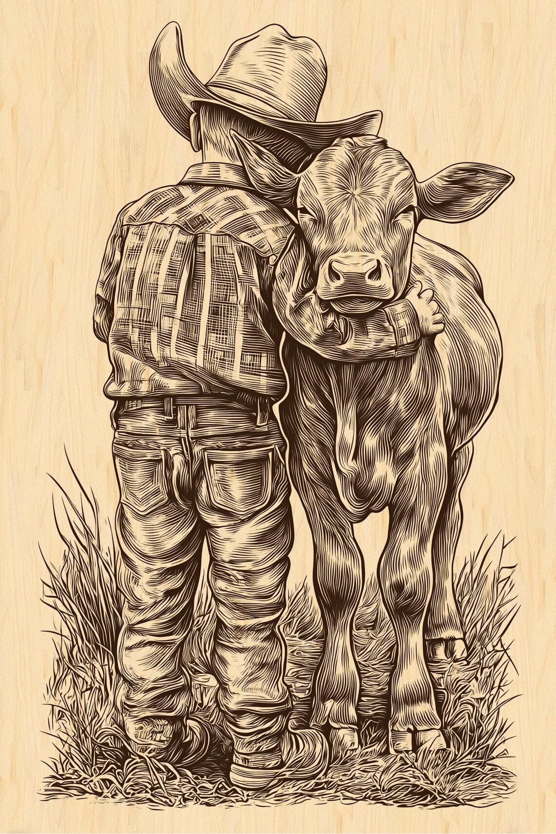 Farm Boy Hugging Calf Wall Art | Western Cowboy Engraving PNG | Country ...