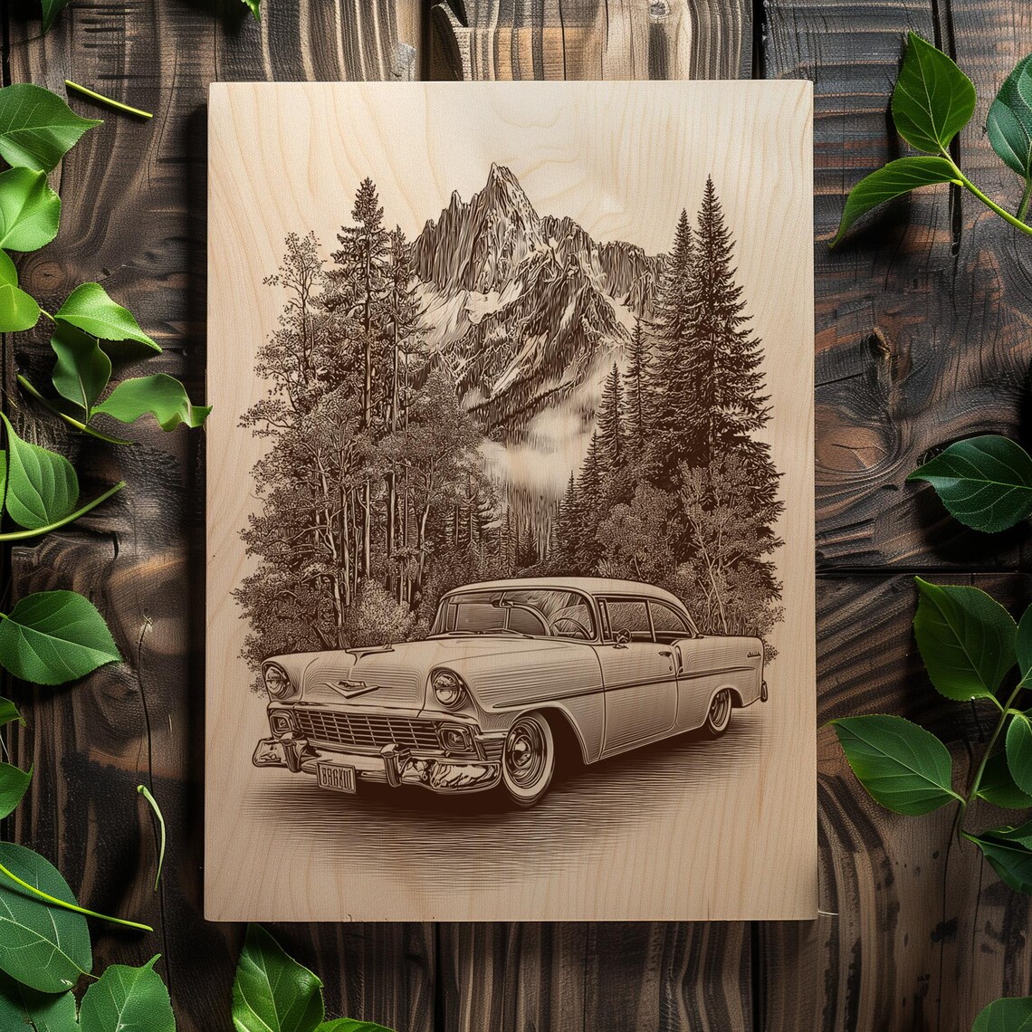 Vintage Car and Mountain Engraving PNG | Classic Car Laser Engraving ...