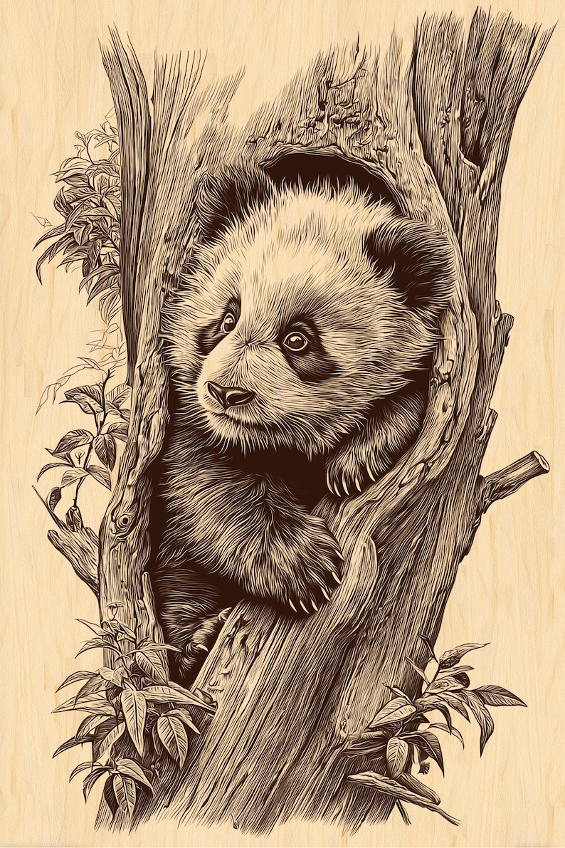 Adorable Baby Panda Wood Engraving PNG | Rustic Wildlife Art for Laser ...