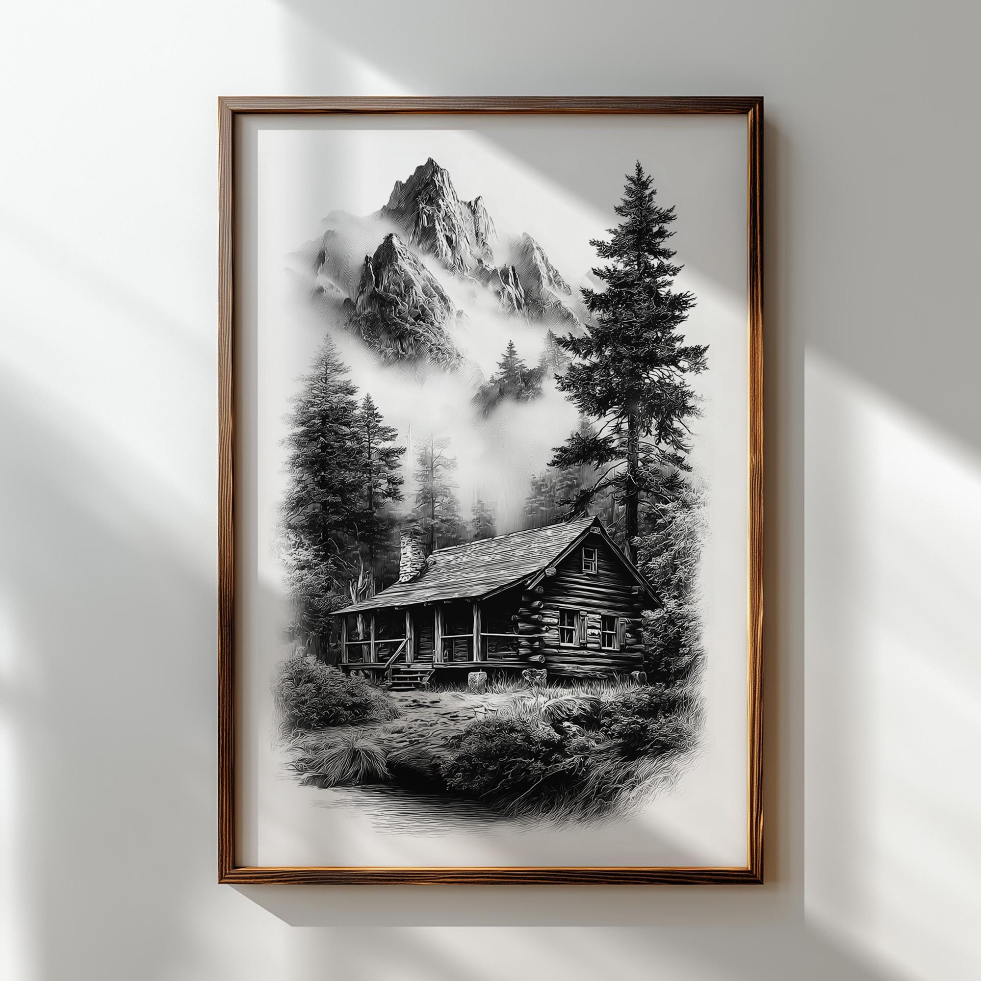 Rustic Mountain Cabin Engraving PNG | Misty Forest Wood Art | Cozy Log ...