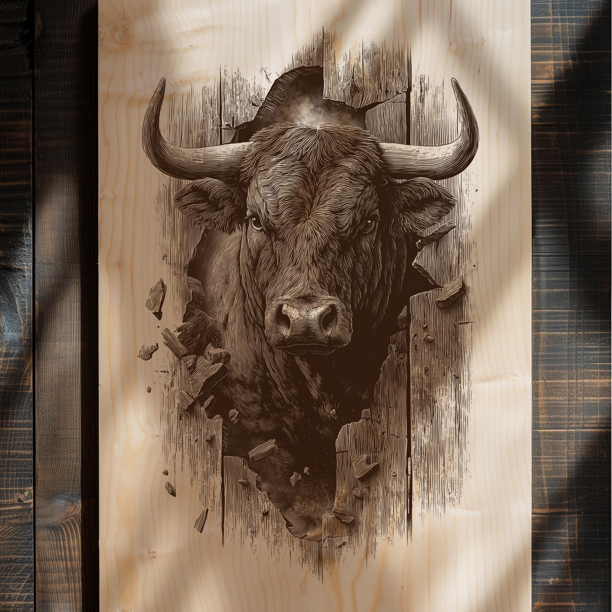 Powerful Bull Breaking Through Wall PNG | Rustic Western Engraving File ...
