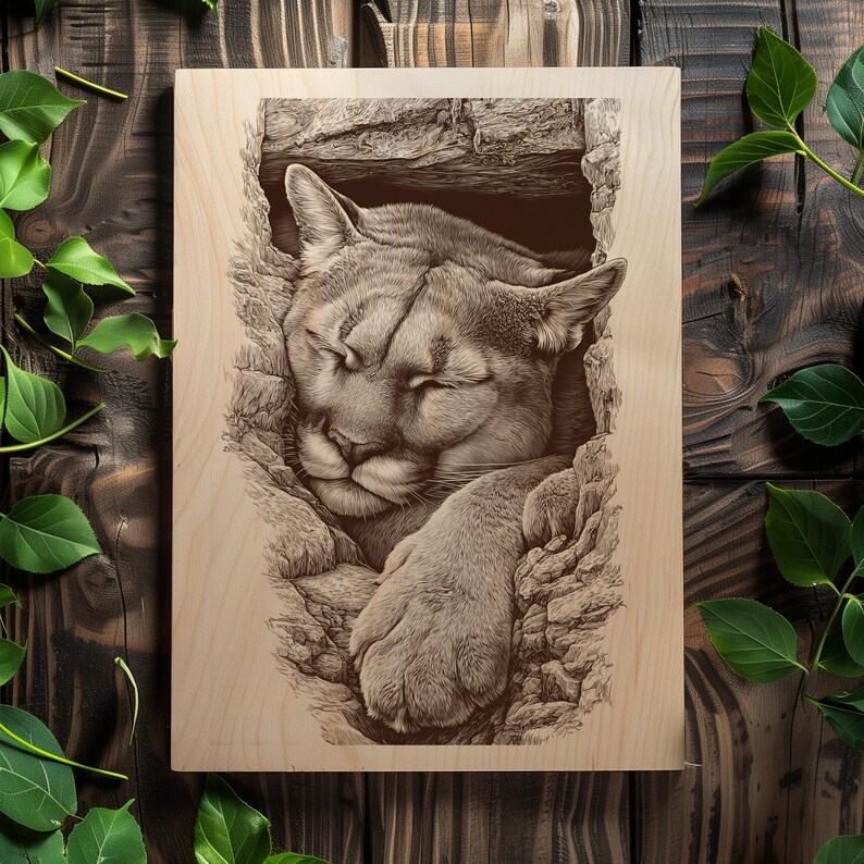 Sleeping Cougar Wood Engraving PNG | Mountain Lion Wildlife Art ...