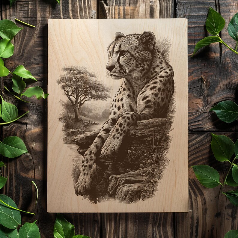 Cheetah Engraving PNG – Realistic Wildlife Art for Wood, Slate, Metal ...