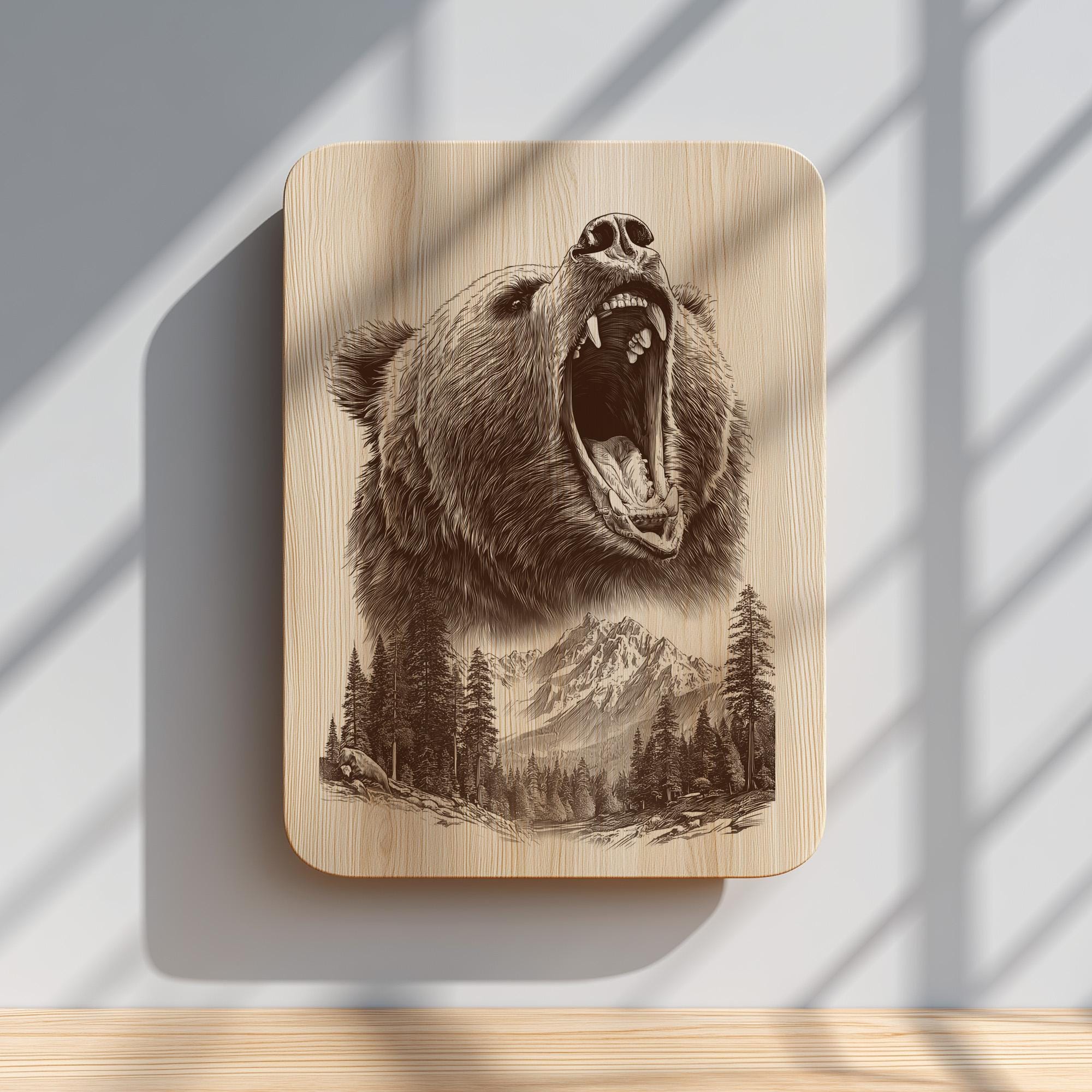 Grizzly Bear Engraving PNG | Mountain Wildlife Wood Art | Rustic Laser ...