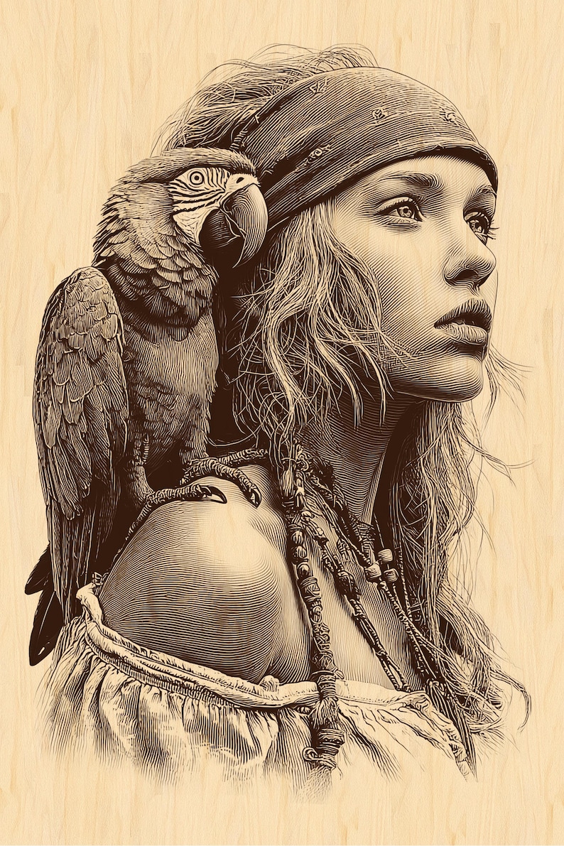 Pirate Woman With Parrot PNG | Wood Engraving Digital Art | High-detail ...