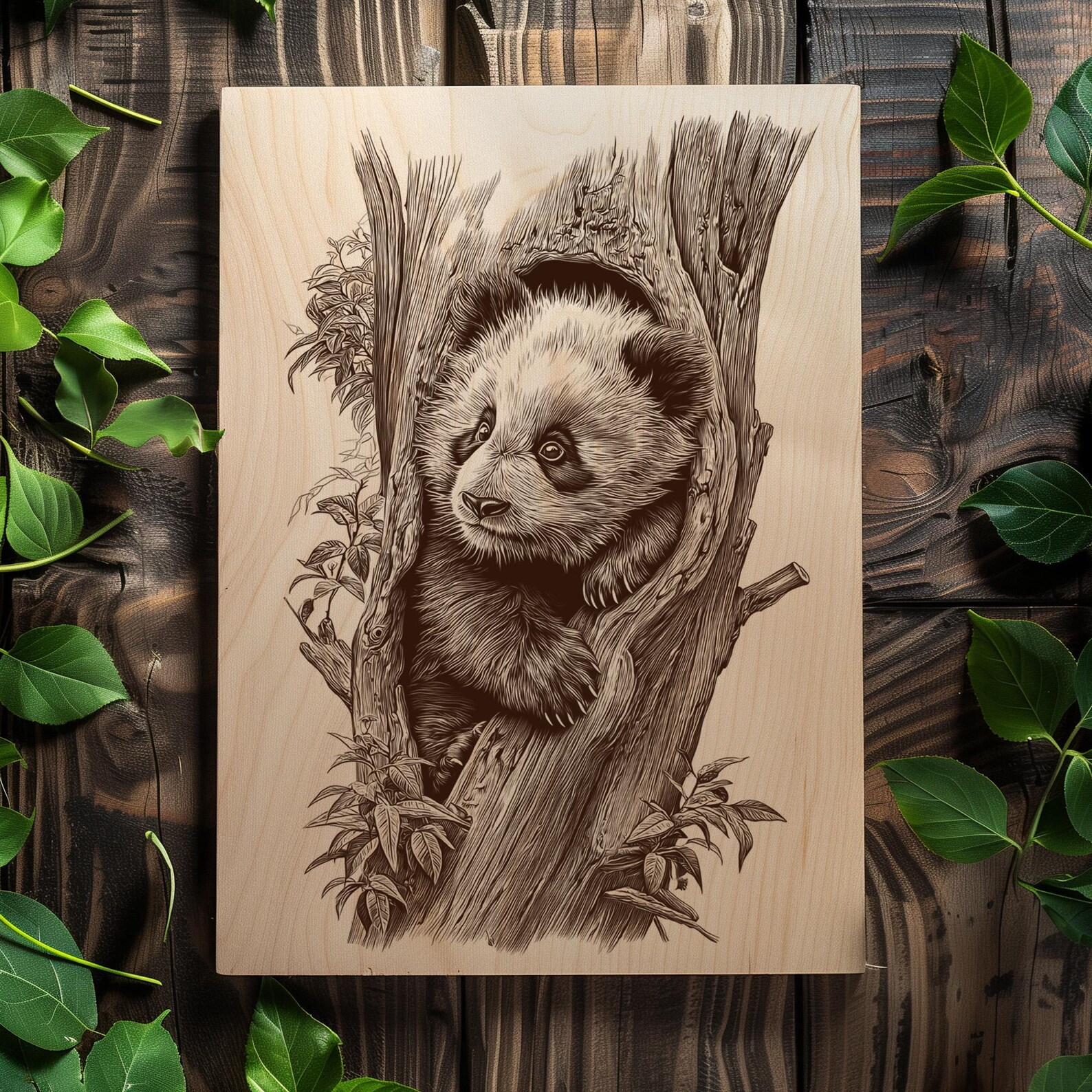 Adorable Baby Panda Wood Engraving PNG | Rustic Wildlife Art for Laser ...
