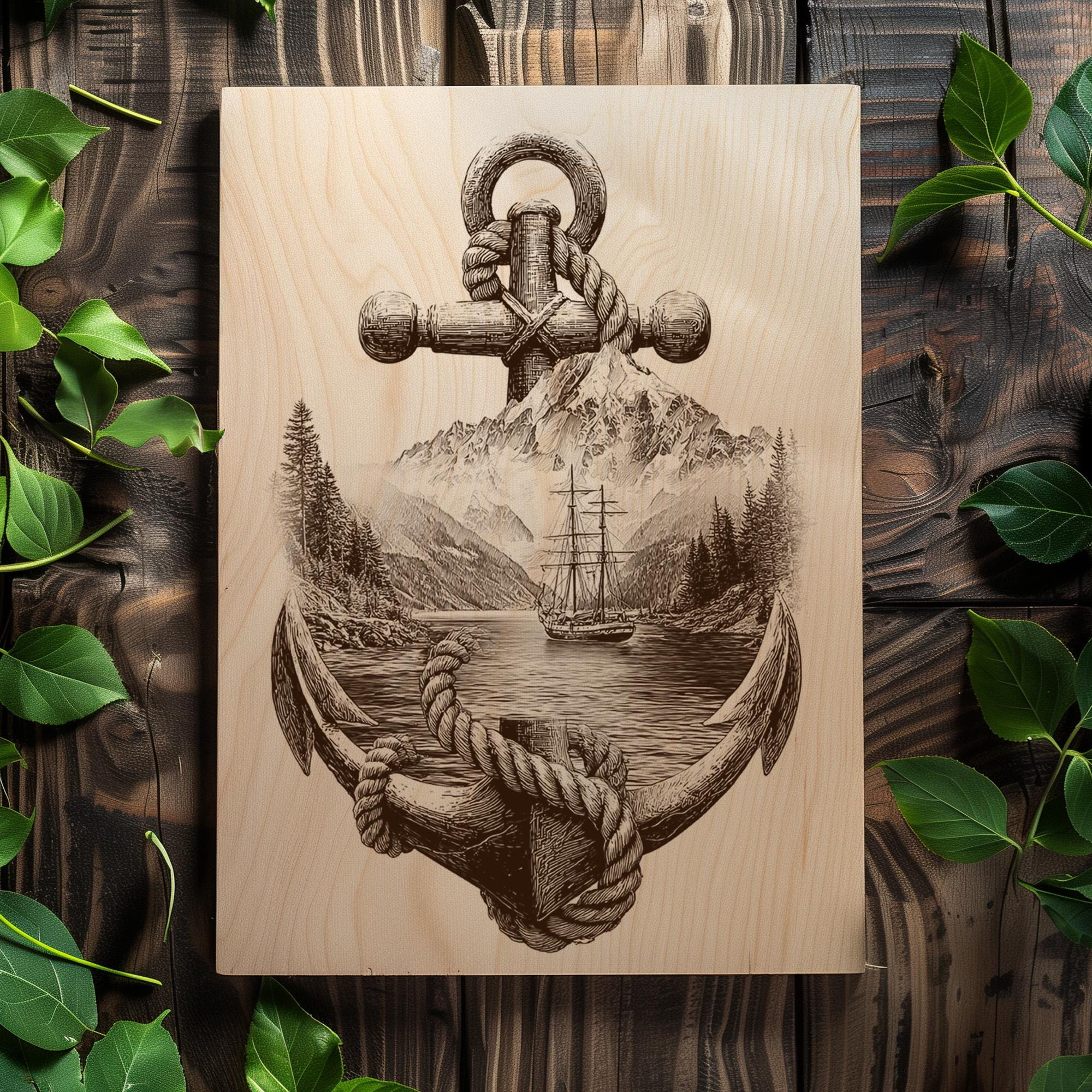 Nautical Anchor Wood Engraving PNG | Mountain & Sailboat Rustic Line ...