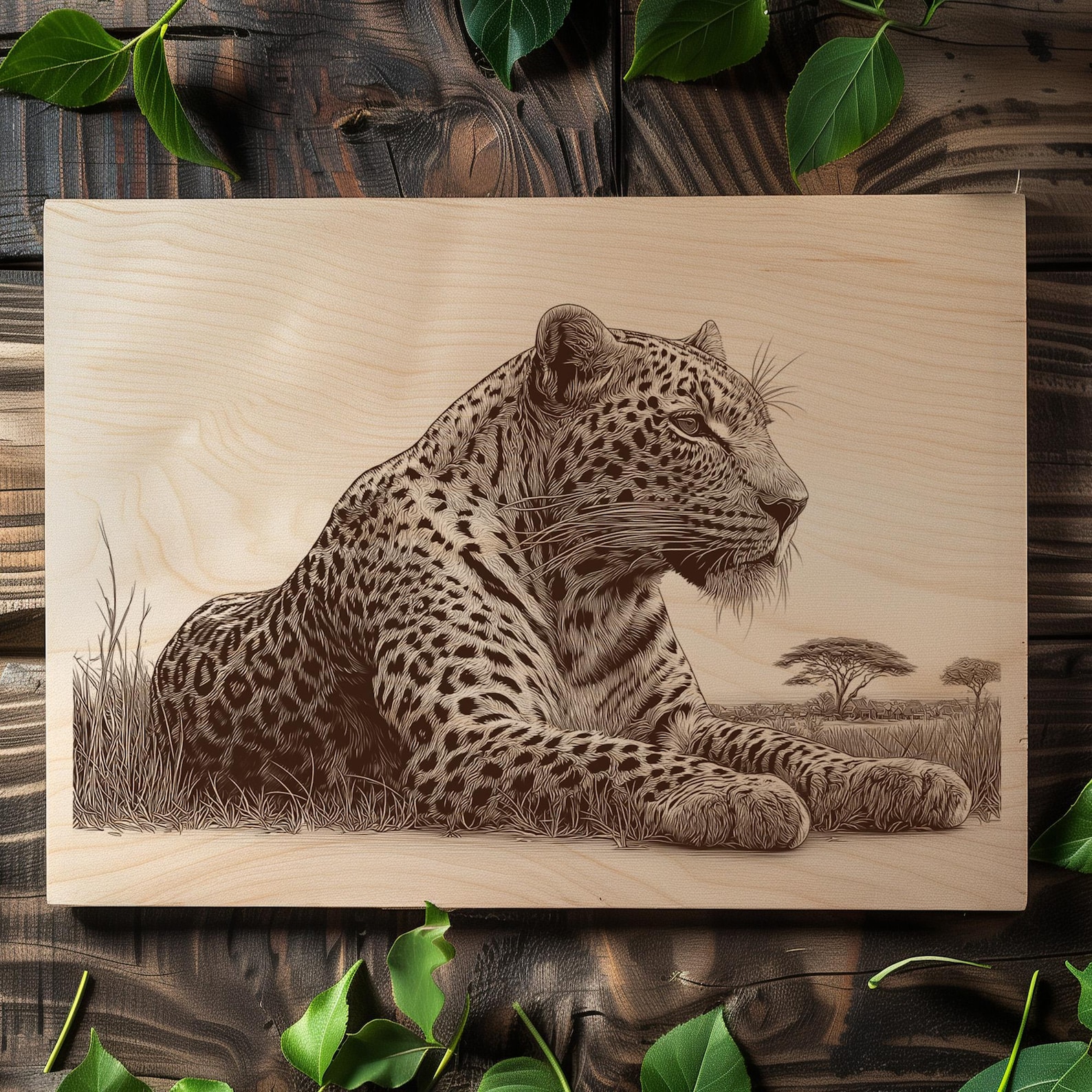 Leopard Wood Engraving PNG | High-detail Wildlife Art for Laser ...
