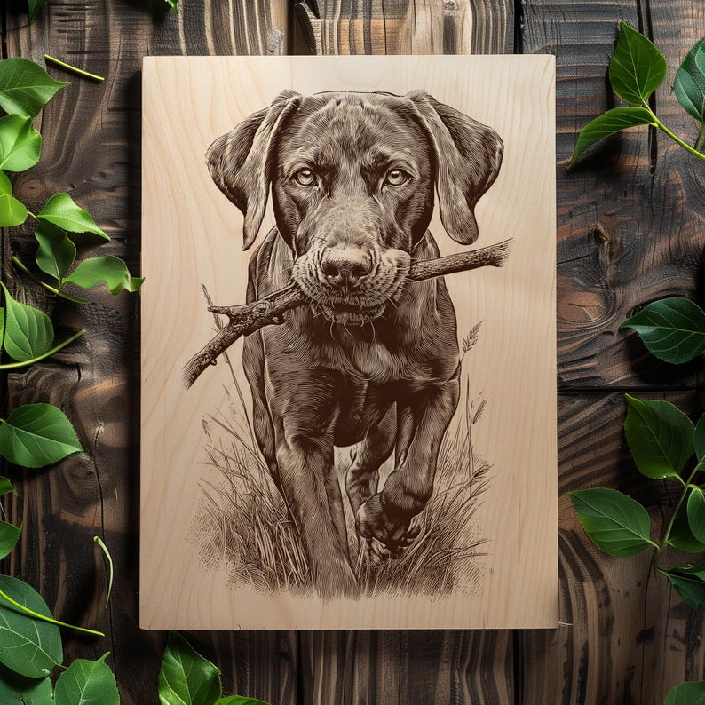 Hunting Dog With Stick PNG | Rustic Labrador Wood Engraving Design ...