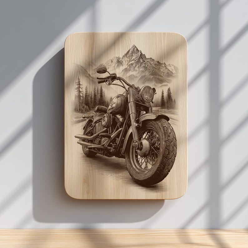 Motorcycle in Mountains PNG | Rustic Biker Lifestyle Wood Engraving ...