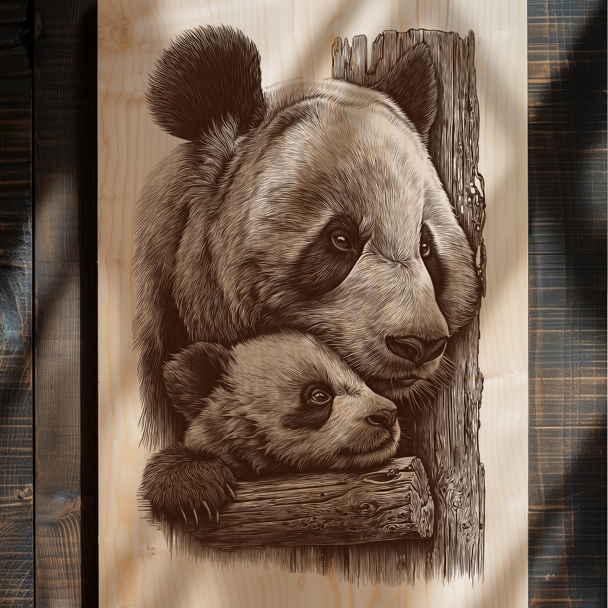 Panda Mother & Baby Wood Engraving PNG | Wildlife Laser Engraving File ...