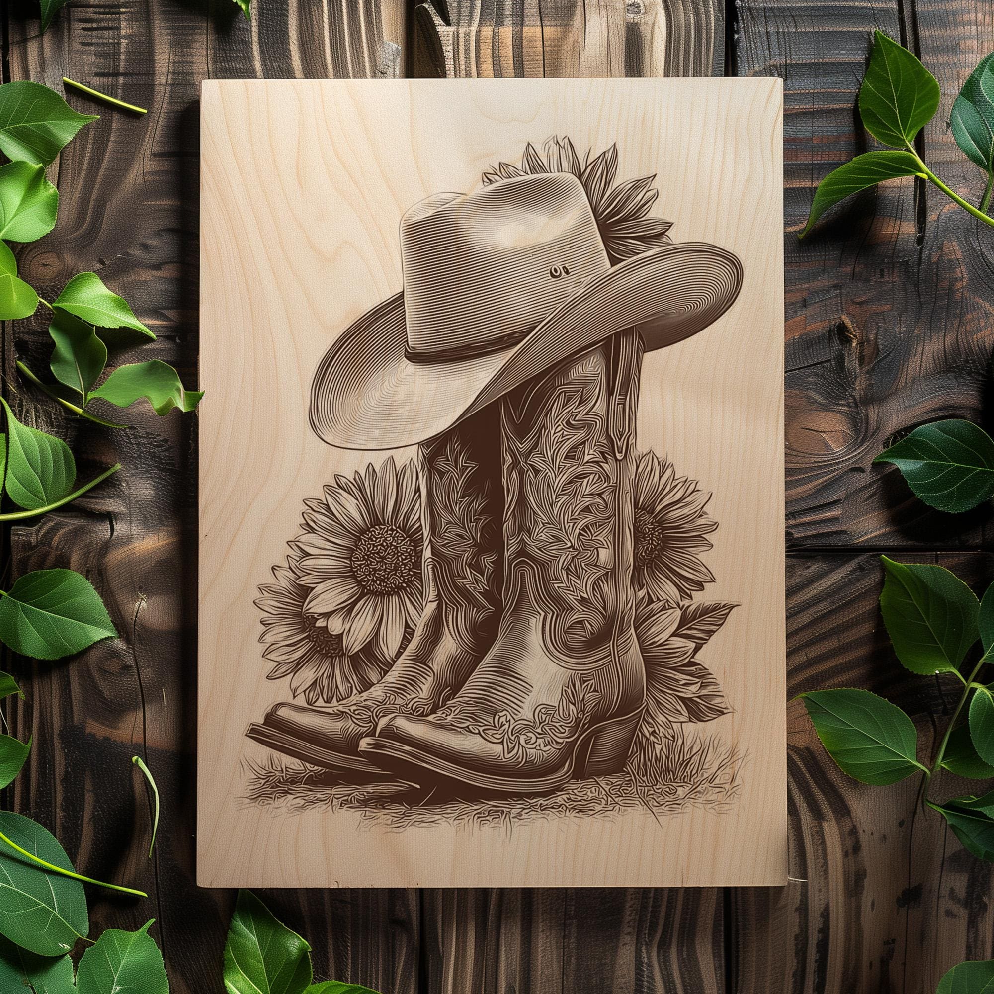 Western Cowgirl Boots Wood Engraving PNG | Floral Cowboy Boots Line Art ...