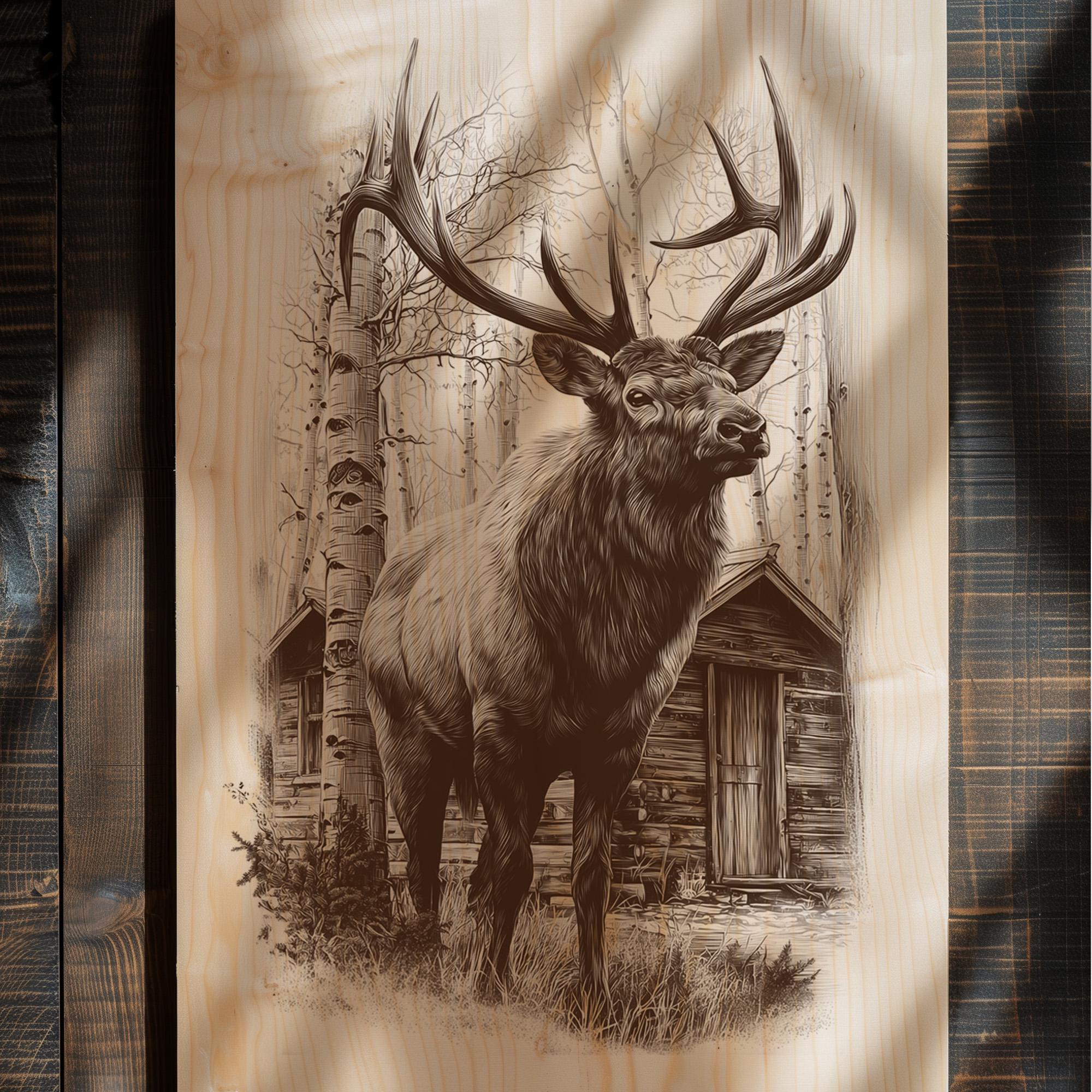 Elk Engraving PNG | Rustic Cabin With Forest Elk Artwork | Wilderness ...