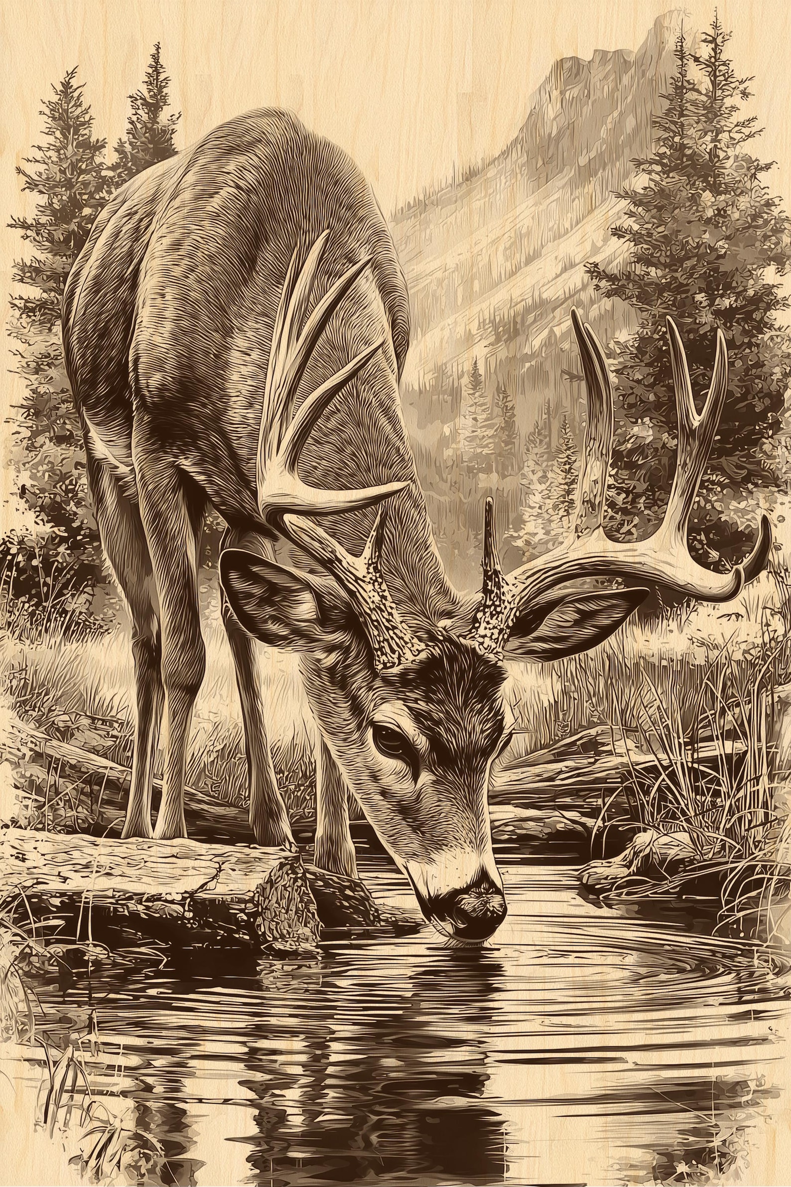Deer Drinking Engraving PNG | Rustic Wildlife Digital File | Buck Laser ...