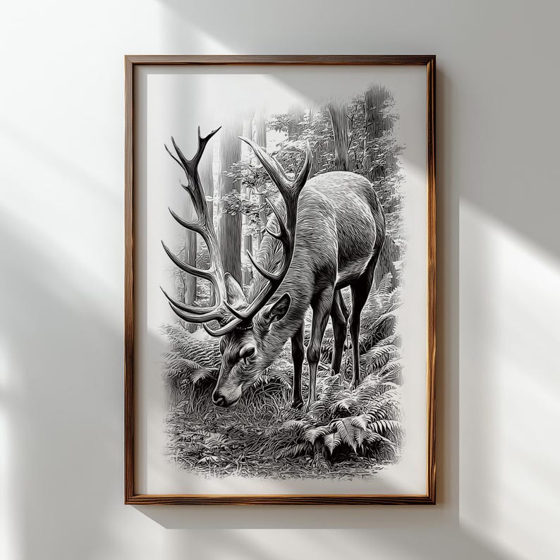 Majestic Deer Engraving PNG | Rustic Stag Wildlife Scene for Laser ...
