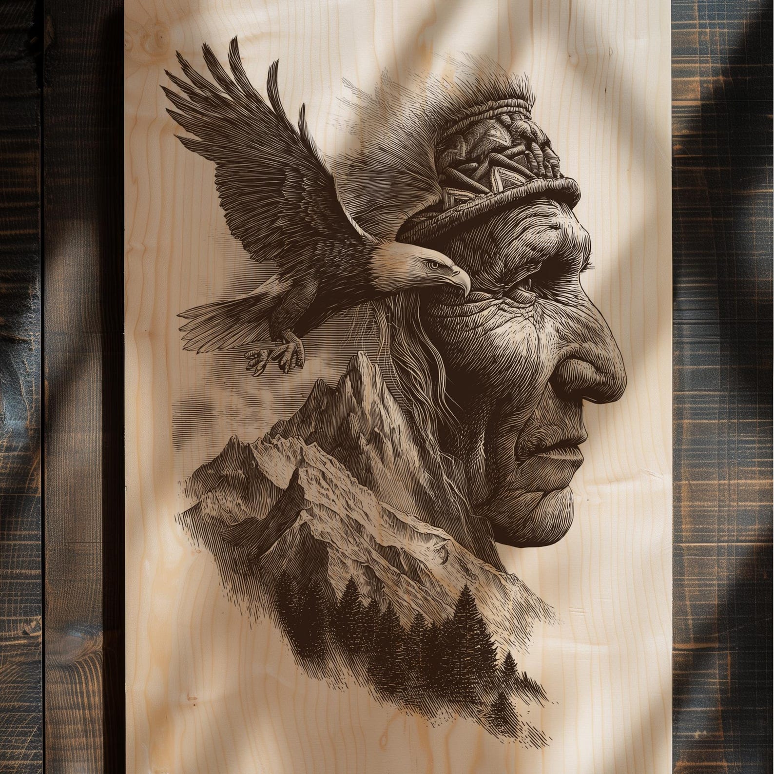 Tribal Elder & Eagle PNG | Ancestral Wisdom Double Exposure Art | Laser ...