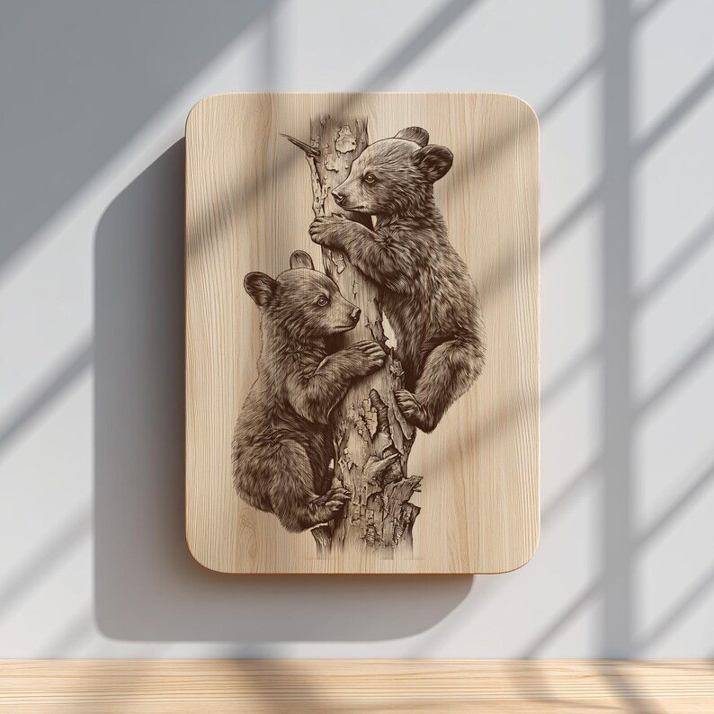 Bear Cubs Engraving PNG | Woodland Wildlife Wood Art | Rustic Laser ...