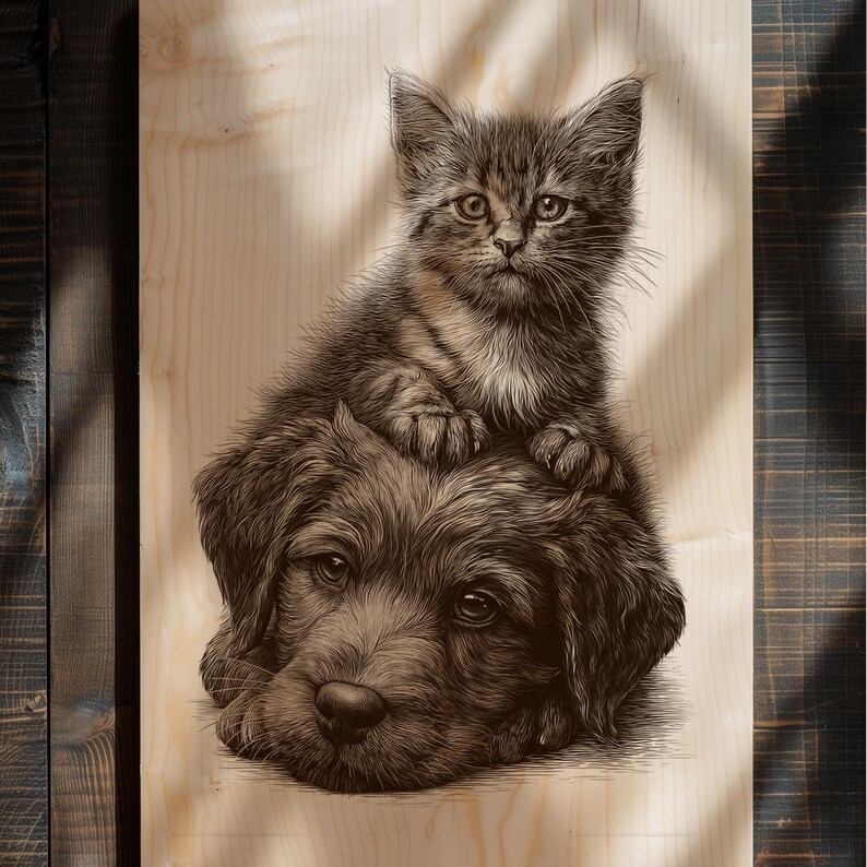 Puppy and Kitten Engraving PNG | Cute Animal Friendship Art | Rustic ...
