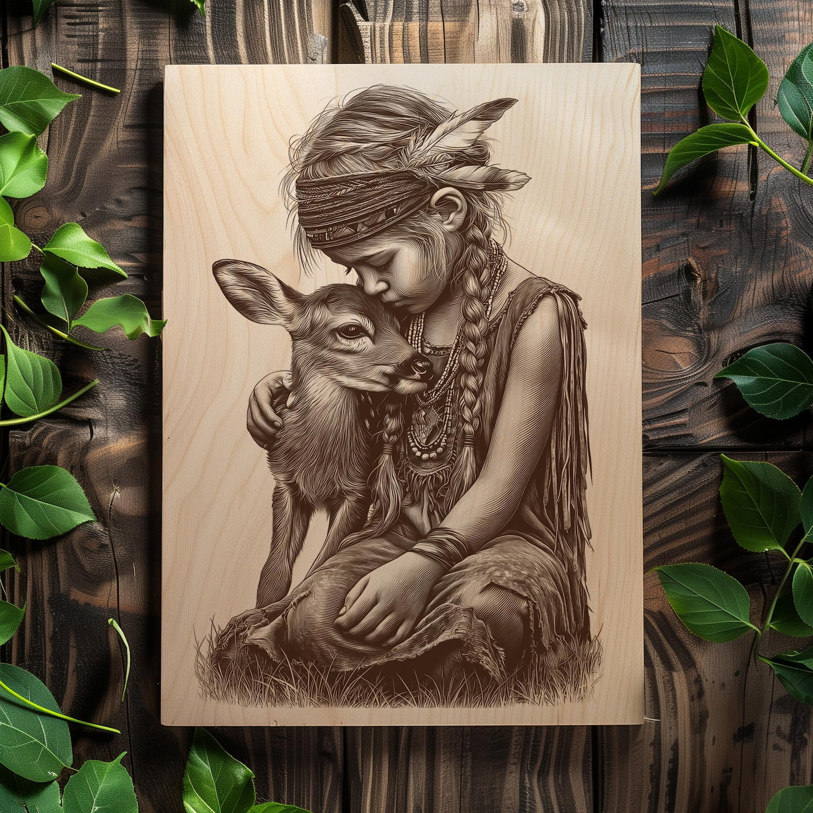 Native Girl With Deer Engraving PNG | Rustic Tribal Spirit Clipart ...