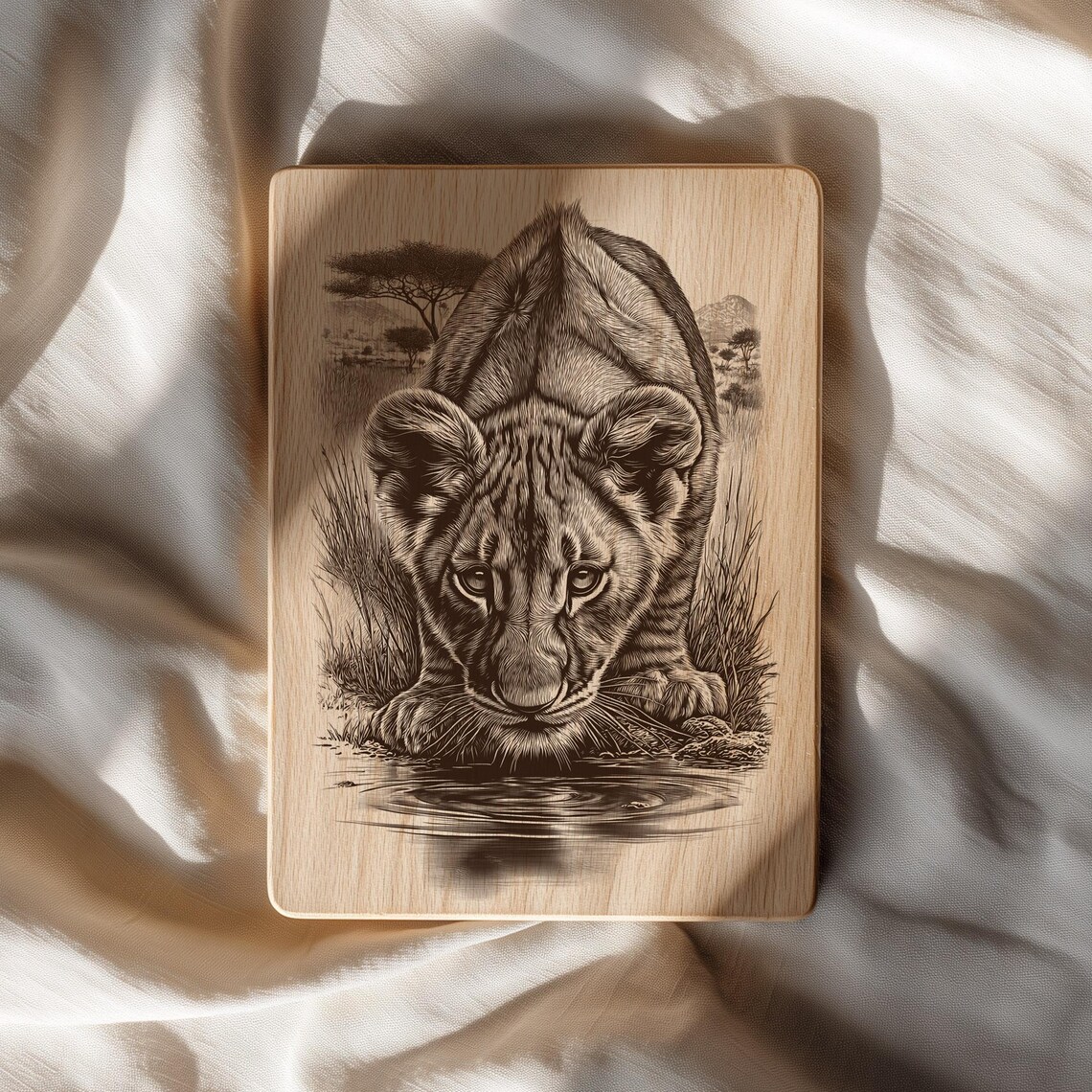 Lion Cub Engraving PNG | Baby Wildlife Drinking From Waterhole | Safari ...